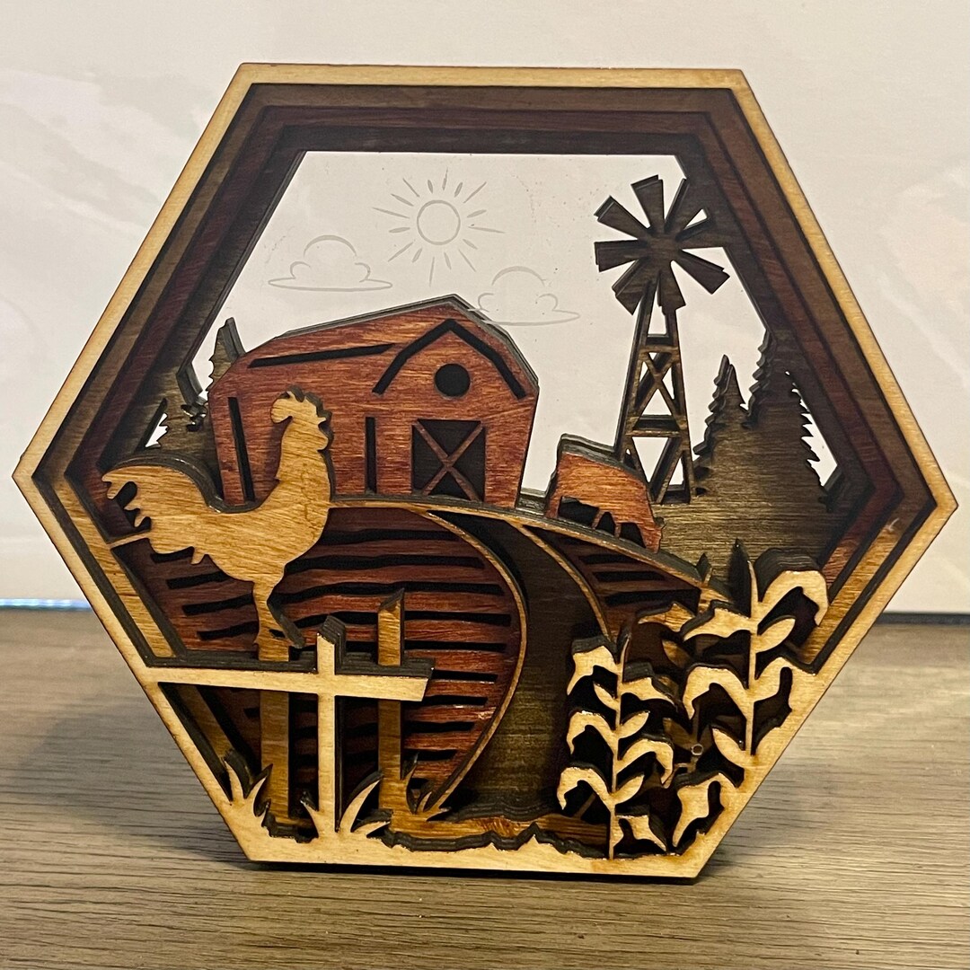 Layered Farm Scene Hexagonal Tabletop Art With Acrylic Detailing - Etsy