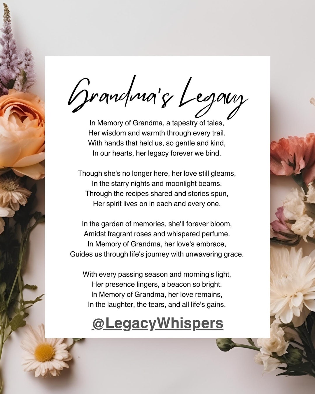 Minimalist in Memory of Grandma's Legacy Poem Instant Download Tribute ...