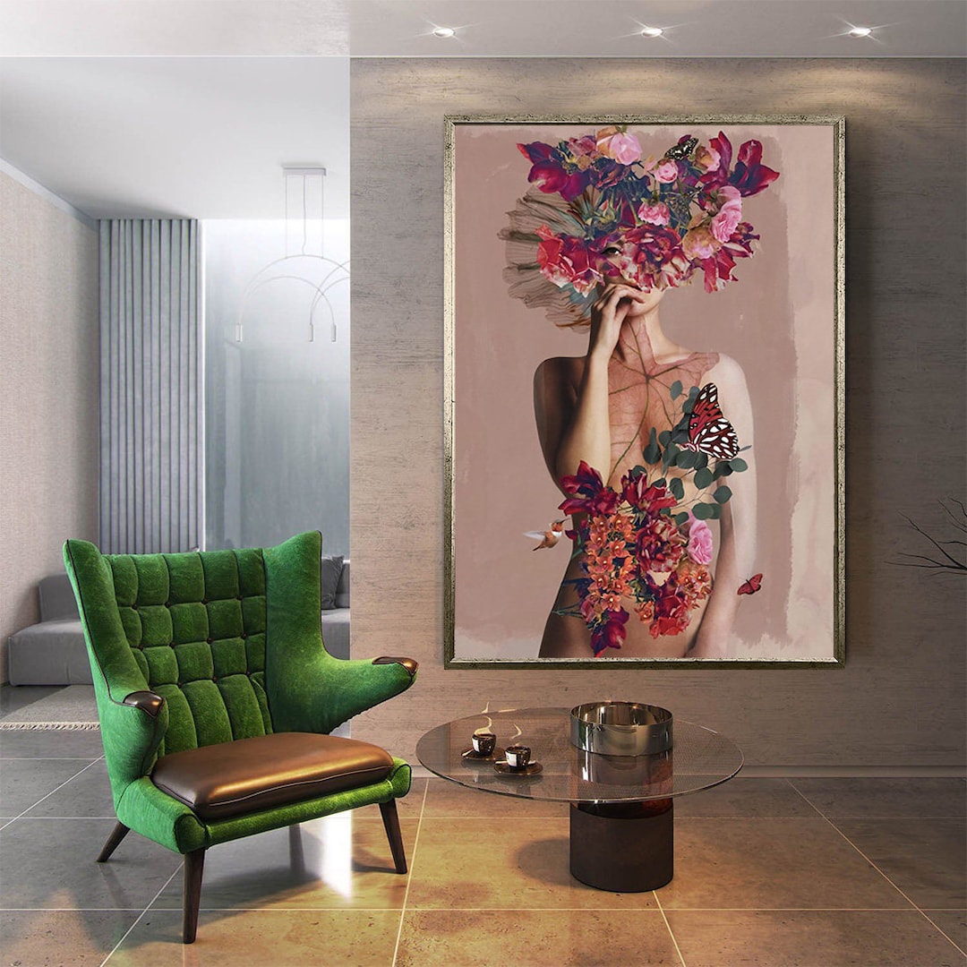 Female Body With Flowers Canvas Painting, Red Pink Floral Women Canvas ...