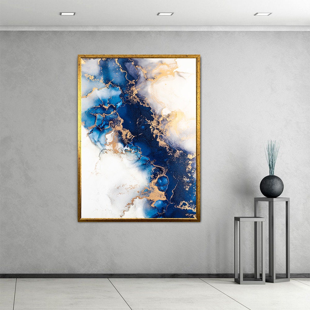 Blue and Gold Marble Wall Decor, Abstract Canvas Art, Modern Trendy ...