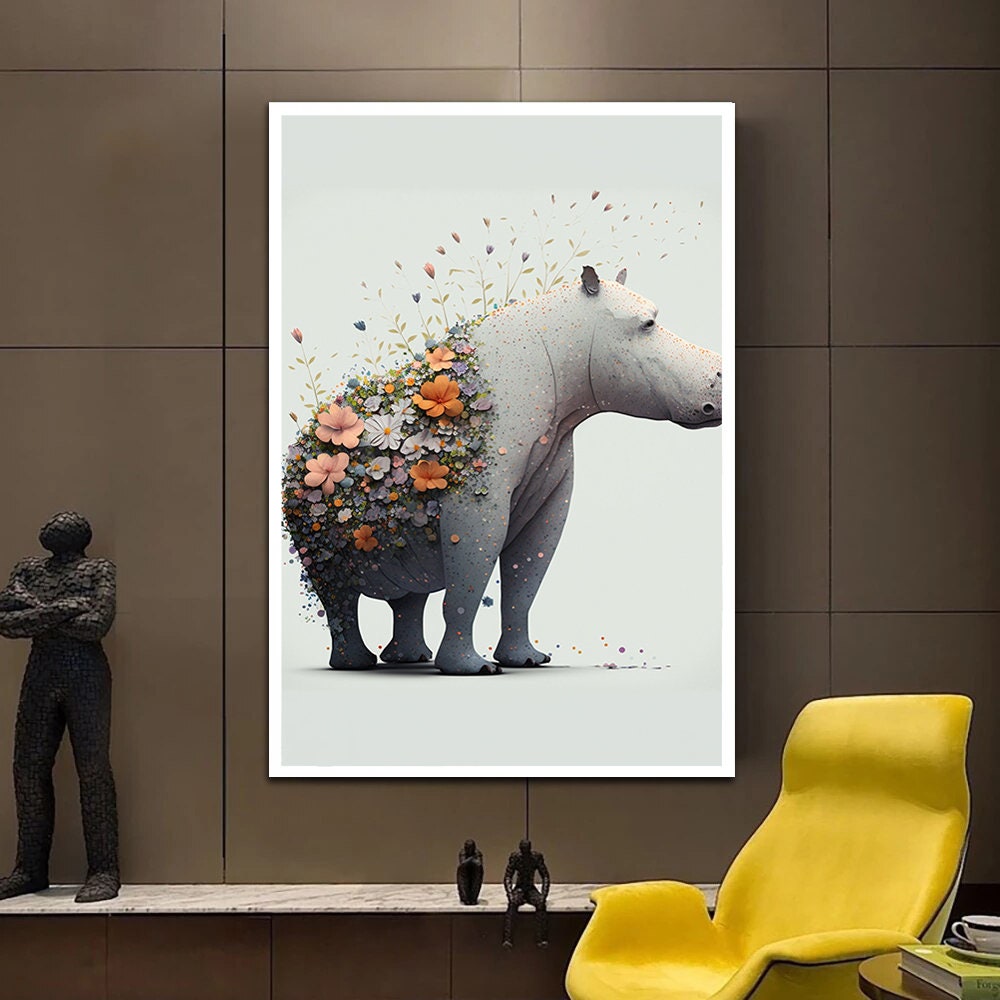 Flower Hippo Canvas, Hippo Art , Hippo Wall Art,animals Home Decor ...