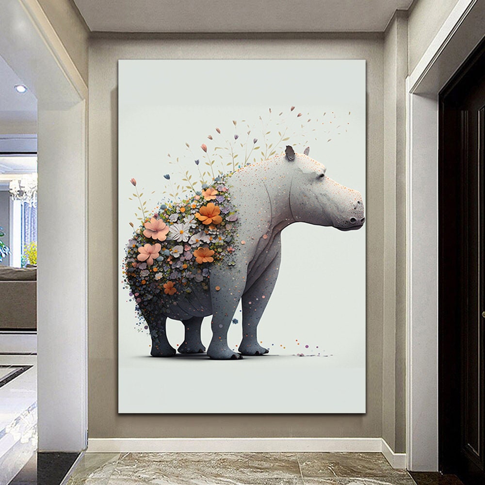 Flower Hippo Canvas, Hippo Art , Hippo Wall Art,animals Home Decor ...