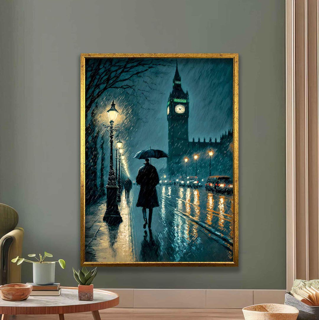 Man Walking in the Rain Canvas, Clock Tower Decor, Night Rain Print ...
