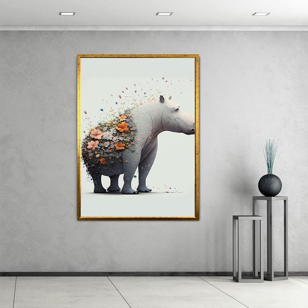 Flower Hippo Canvas, Hippo Art , Hippo Wall Art,animals Home Decor ...
