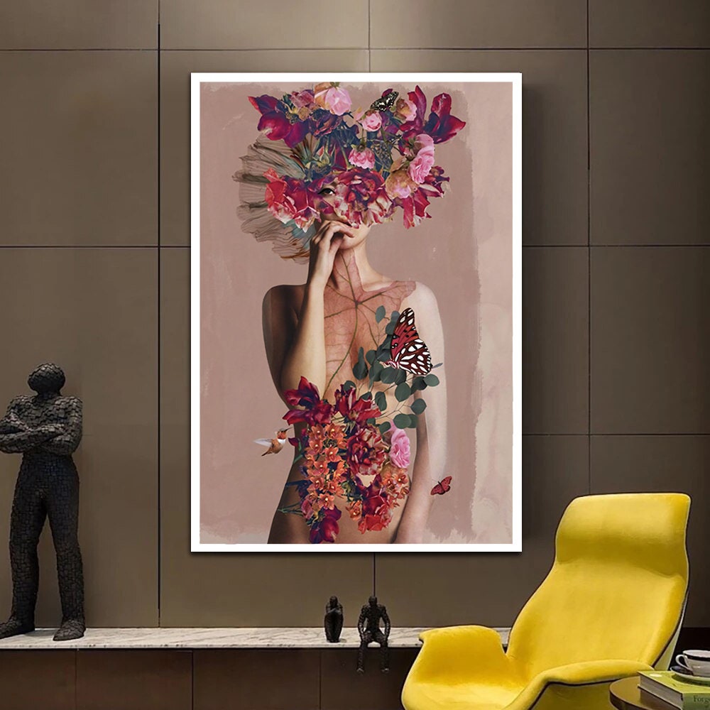 Female Body With Flowers Canvas Painting, Red Pink Floral Women Canvas ...