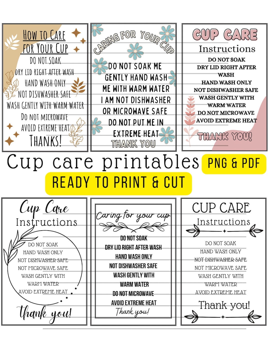 Floral Cup Care Instructions: Printable PNG PDF Bundle - Etsy