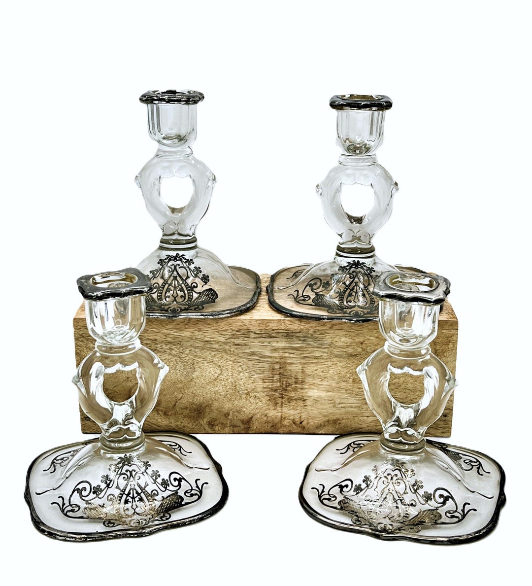 Exquisite Set of 4 Vintage Keyhole Glass Candlesticks With Embossed ...