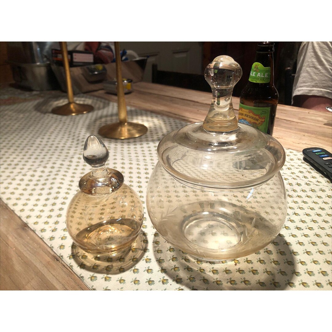 Glass Etched Hand Blown Canister and Perfume Bottle - Etsy
