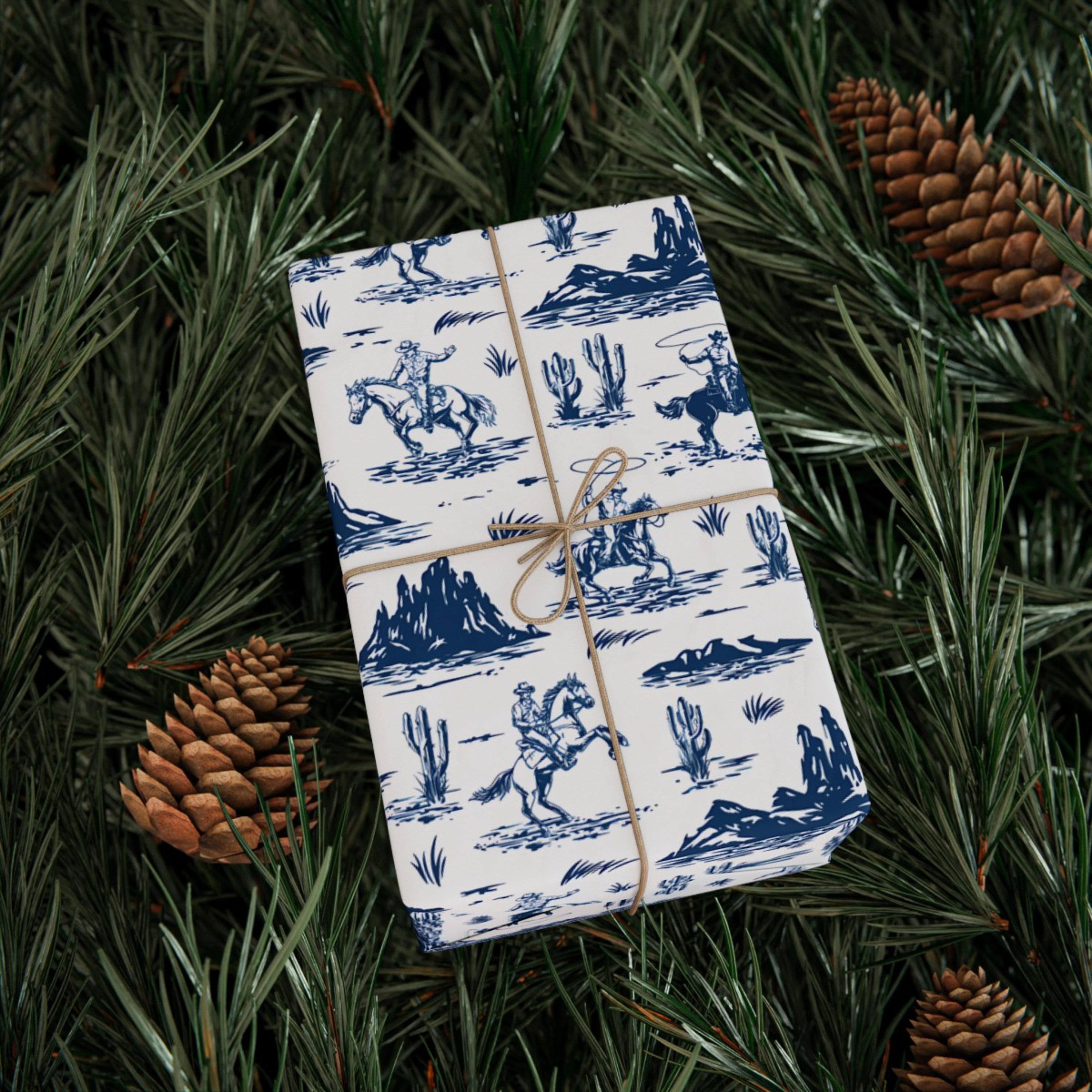 Western Toile Wrapping Paper Blue Toile Cowboy Gift Wrap Western ...