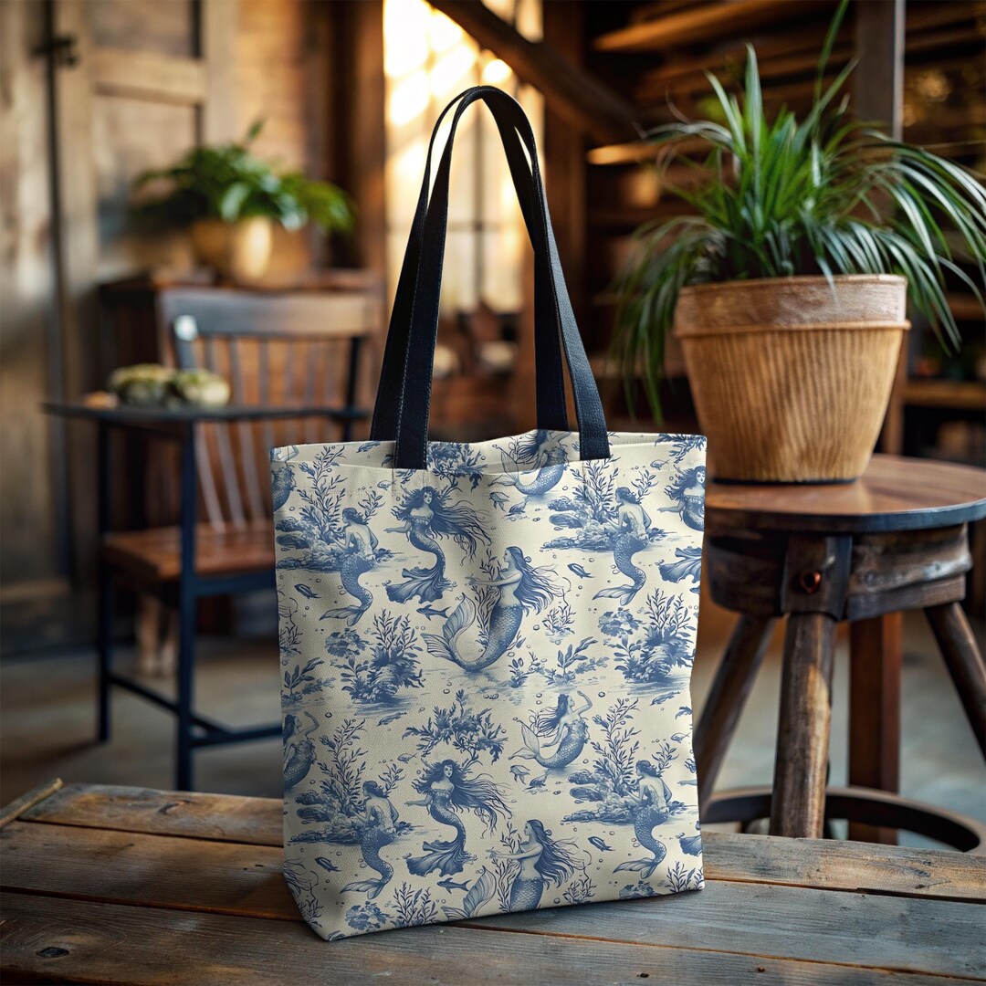 Mermaid Toile Tote Bag, Ocean Toile Beach Bag, Nautical Vacation Tote ...