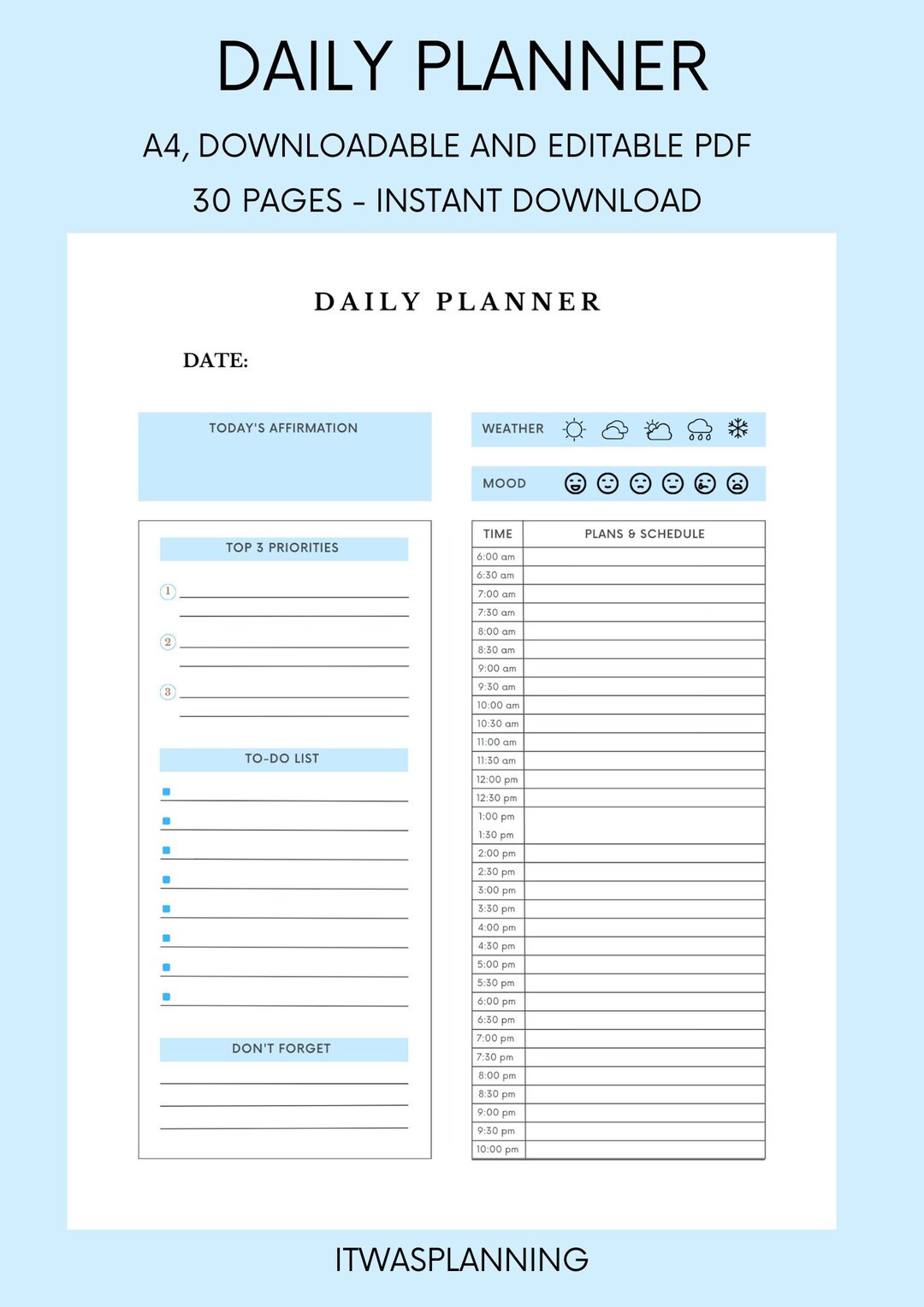 Daily Planner, Blue Design, Instant Download, Daily Schedule, Printable ...