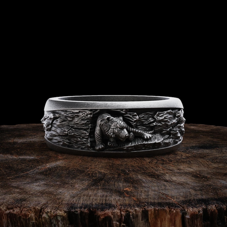 Sterling Silver Tiger Ring, Oxidized Sculptural Statement Band ...