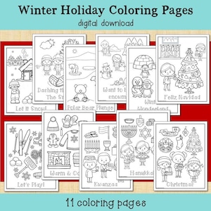 Winter Holiday Coloring Pages Sheets Christmas Hannukah Kwanzaa - Etsy