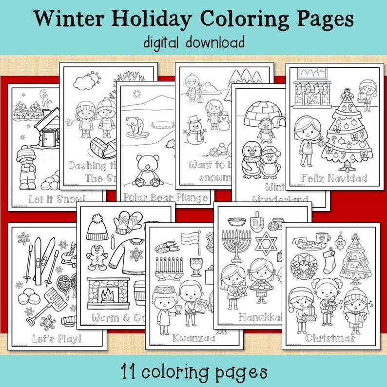 Winter Holiday Coloring Pages Sheets Christmas Hannukah Kwanzaa - Etsy