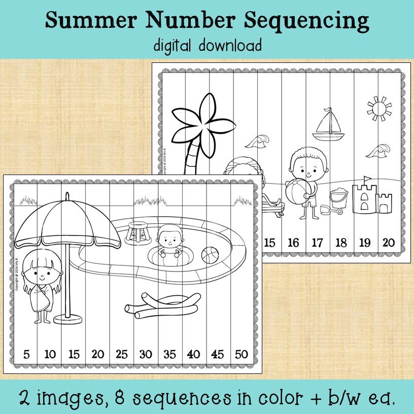 Summer Number Sequencing Puzzles Worksheet Counting 1s 2s 3s 5s 10s ...