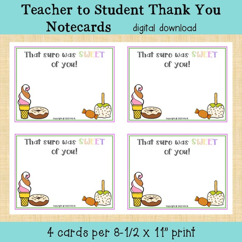 Teacher to Students Printable Thank You Notecards - Etsy