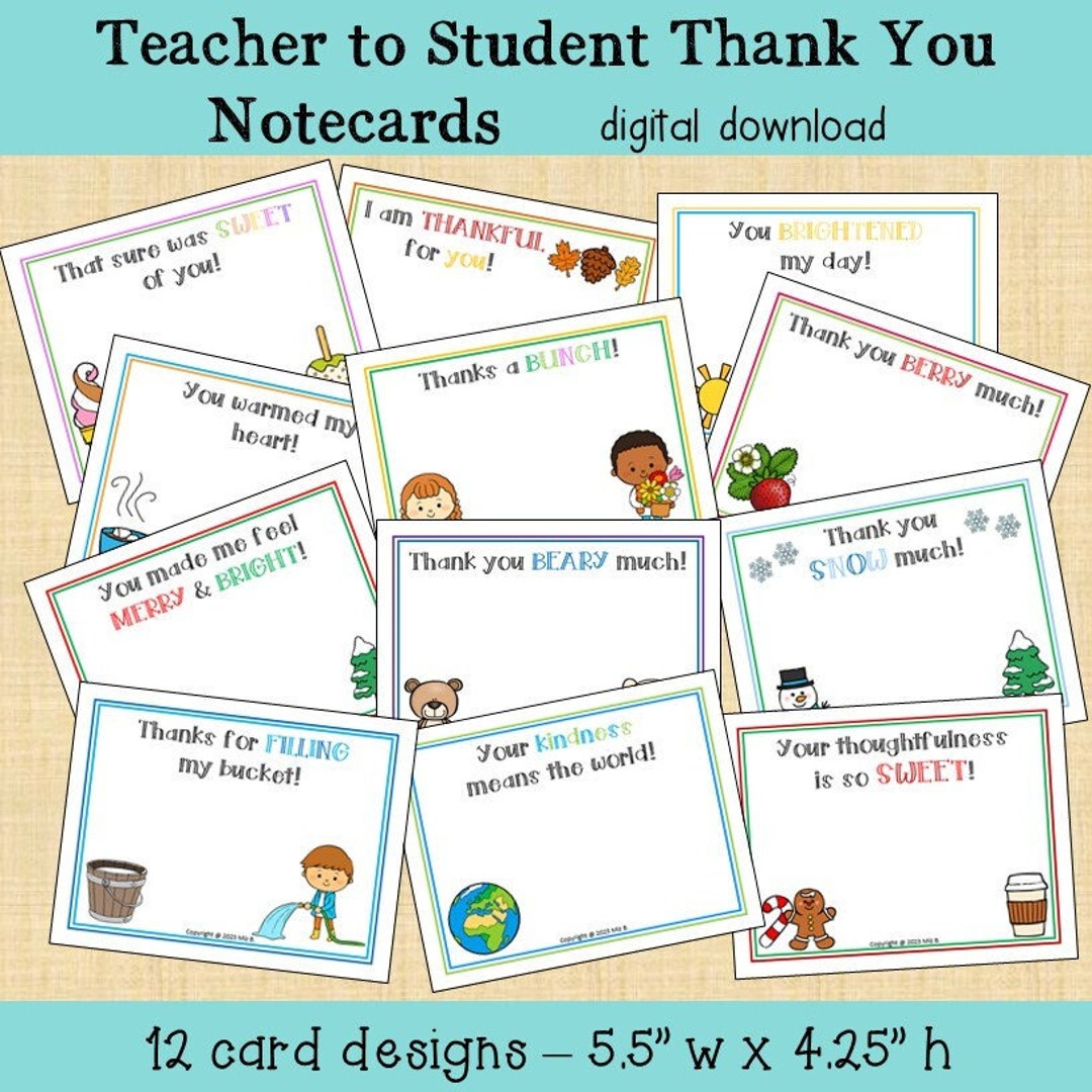 Teacher to Students Printable Thank You Notecards - Etsy