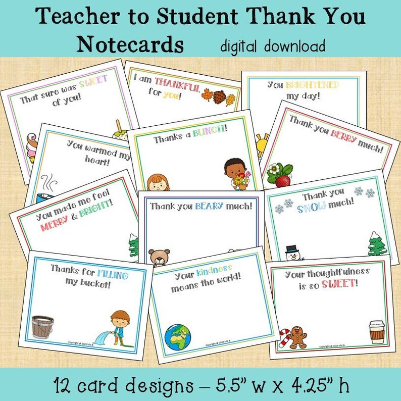 Teacher to Students Printable Thank You Notecards - Etsy
