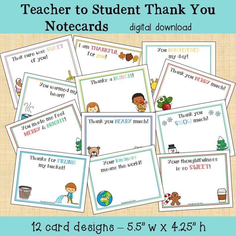 Teacher to Students Printable Thank You Notecards - Etsy