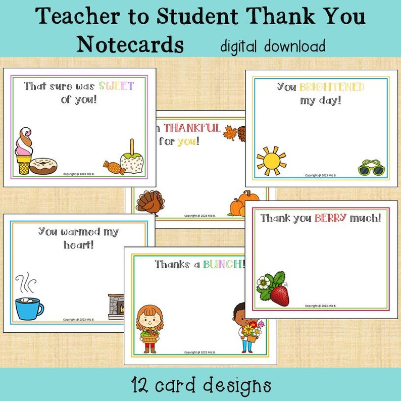 Teacher to Students Printable Thank You Notecards - Etsy