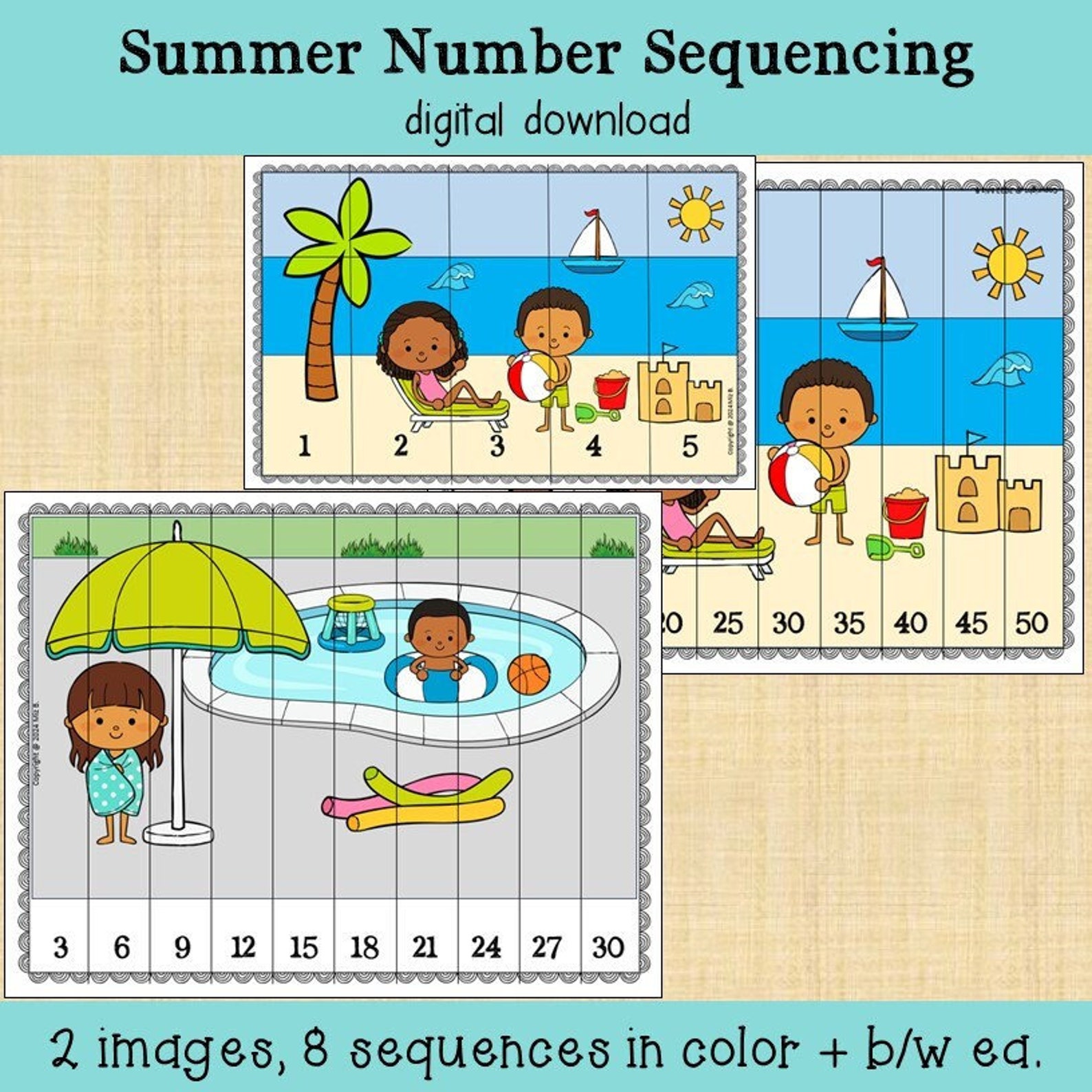 Summer Number Sequencing Puzzles Worksheet Counting 1s 2s 3s 5s 10s ...