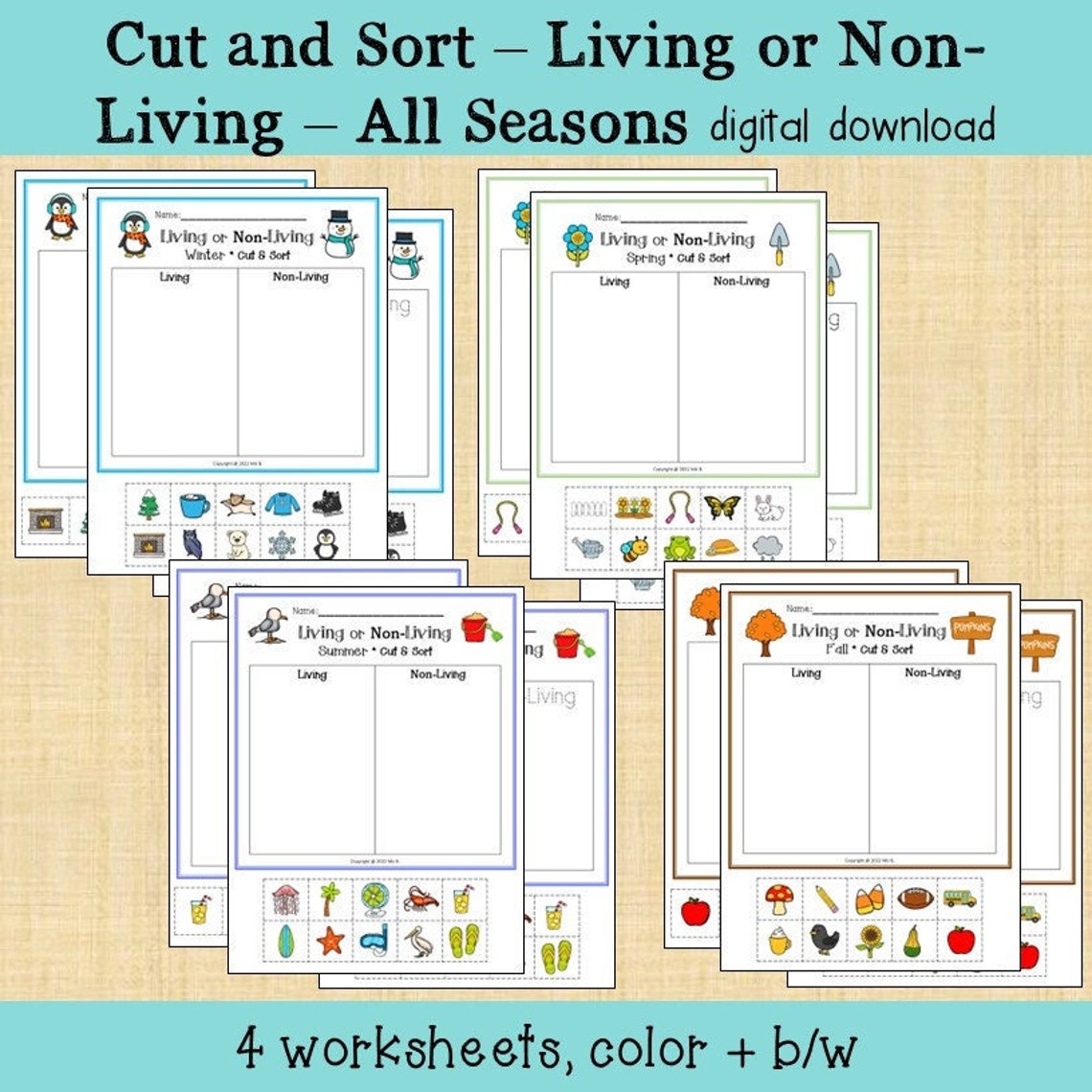 Living or Non-living Sorting Worksheet - All Seasons - Winter, Spring ...