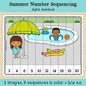 Summer Number Sequencing Puzzles Worksheet Counting 1s 2s 3s 5s 10s ...