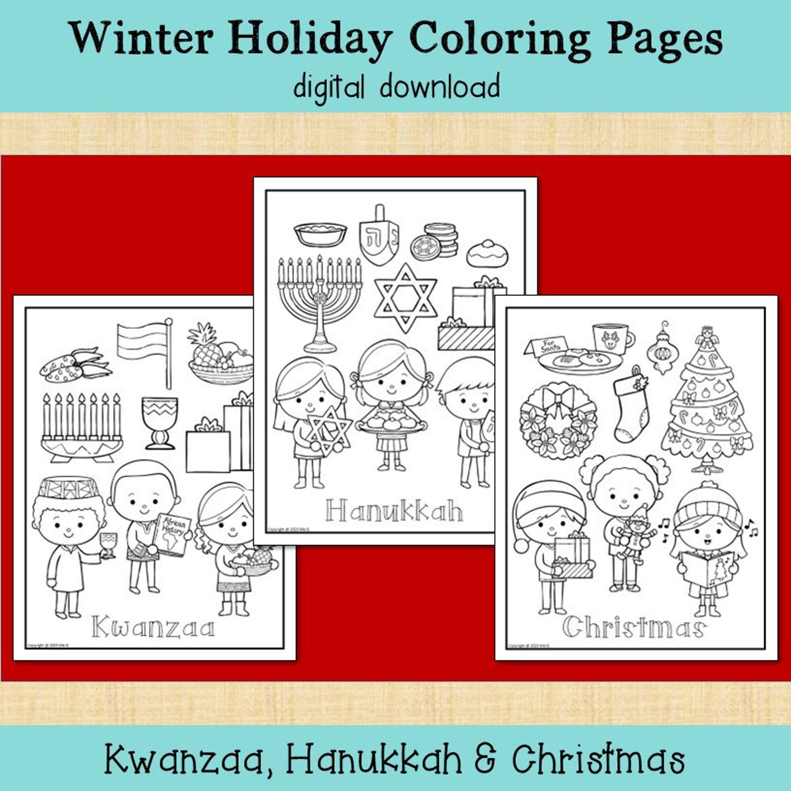 Winter Holiday Coloring Pages Sheets Christmas Hannukah Kwanzaa - Etsy