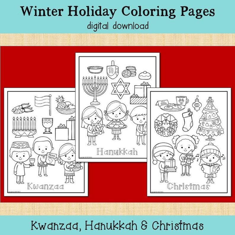 Winter Holiday Coloring Pages Sheets Christmas Hannukah Kwanzaa - Etsy