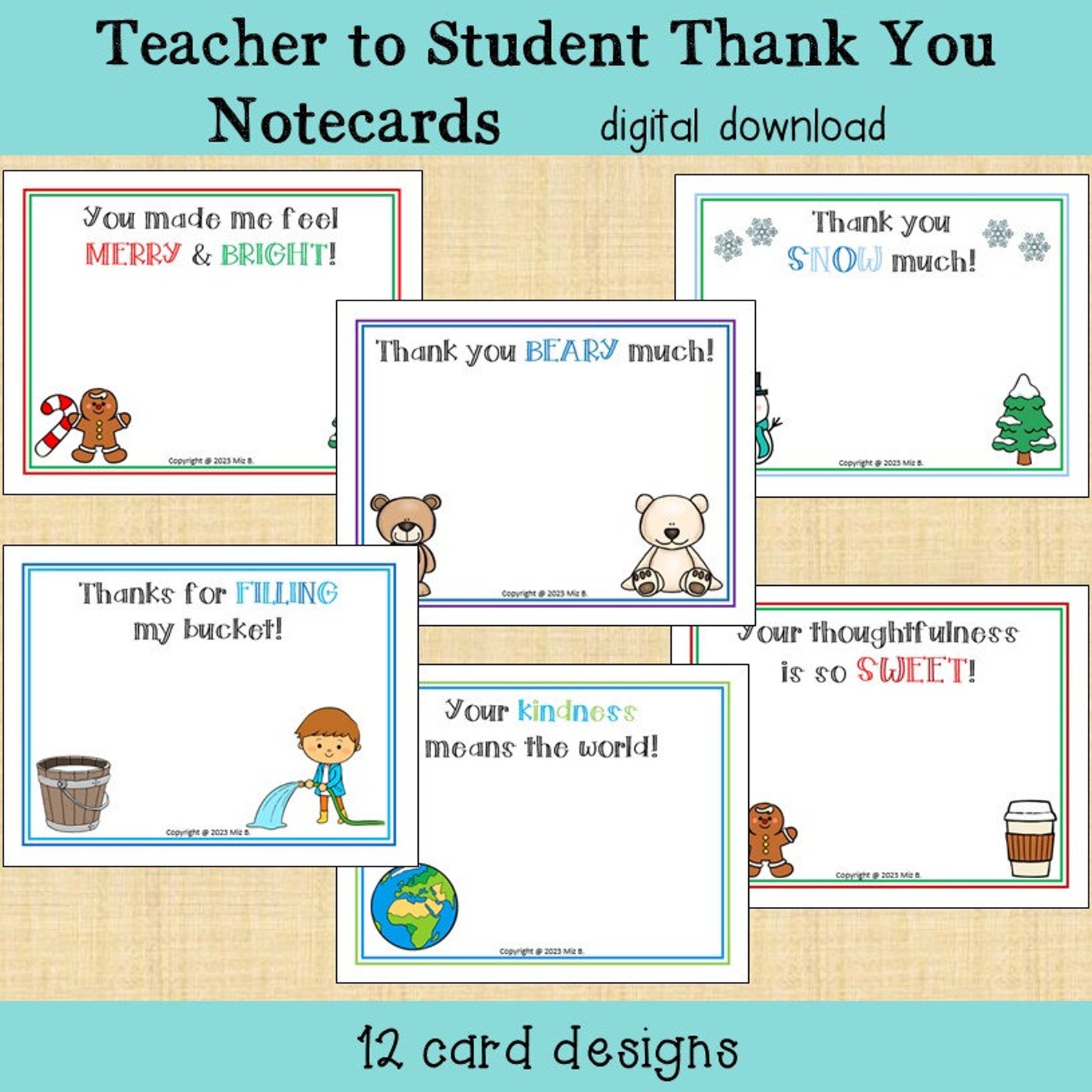 Teacher to Students Printable Thank You Notecards - Etsy