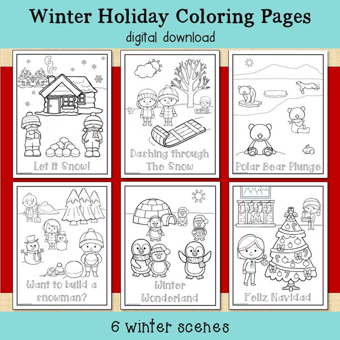 Winter Holiday Coloring Pages Sheets Christmas Hannukah Kwanzaa - Etsy