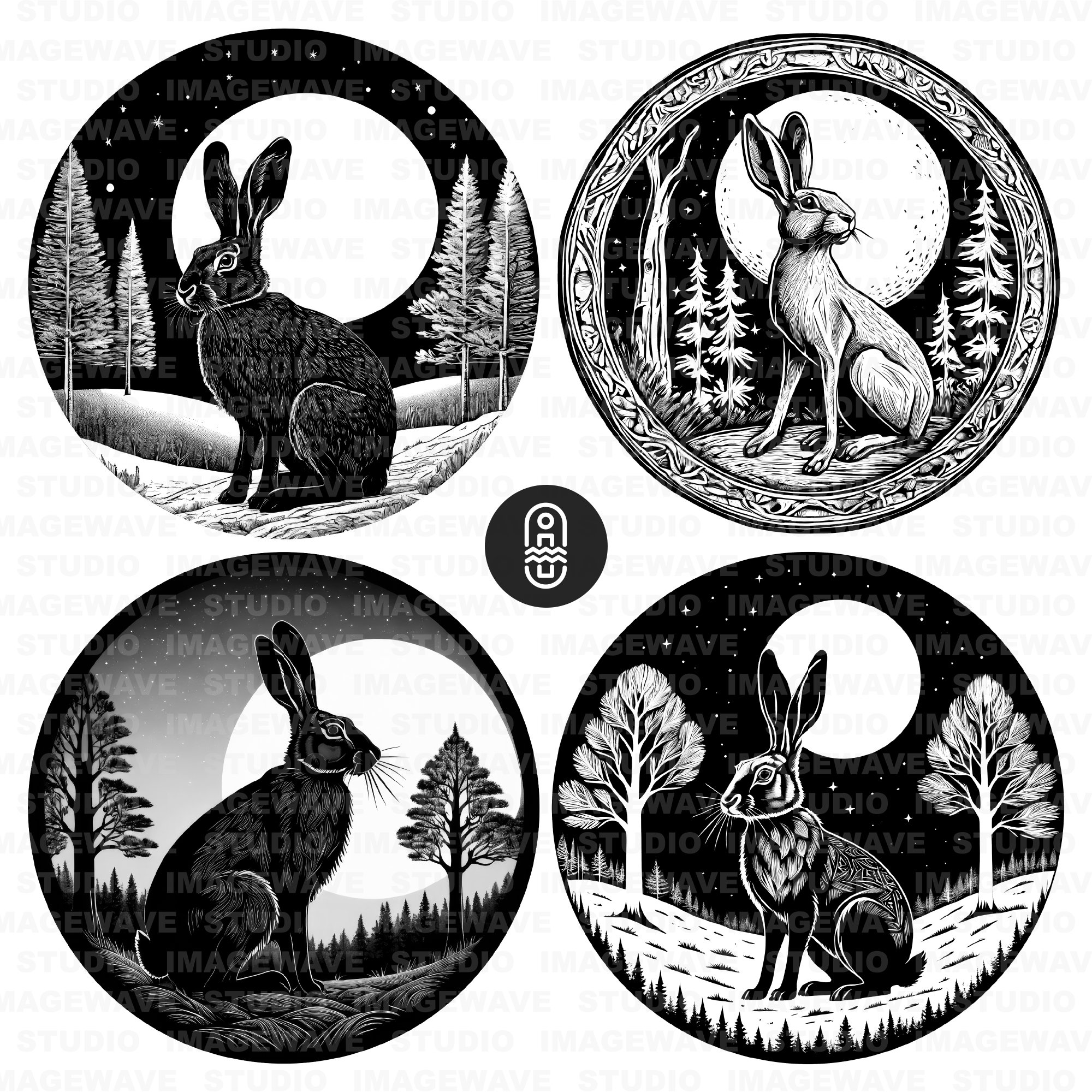 Linocut Style Lunar Hare Clipart, 20 Transparent PNG Clip Art, Moon ...