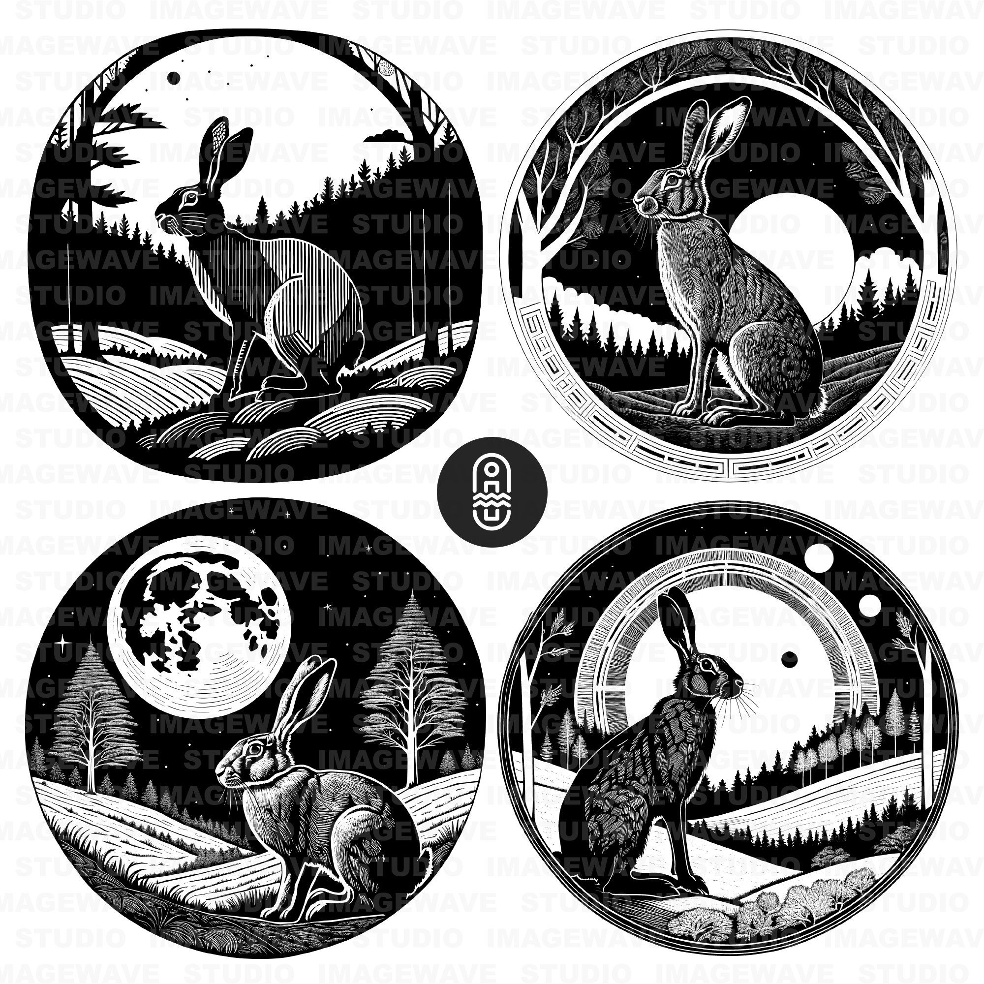 Linocut Style Lunar Hare Clipart, 20 Transparent PNG Clip Art, Moon ...