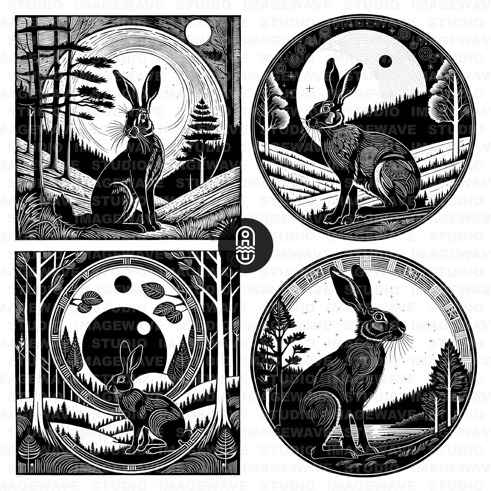 Linocut Style Lunar Hare Clipart, 20 Transparent PNG Clip Art, Moon ...