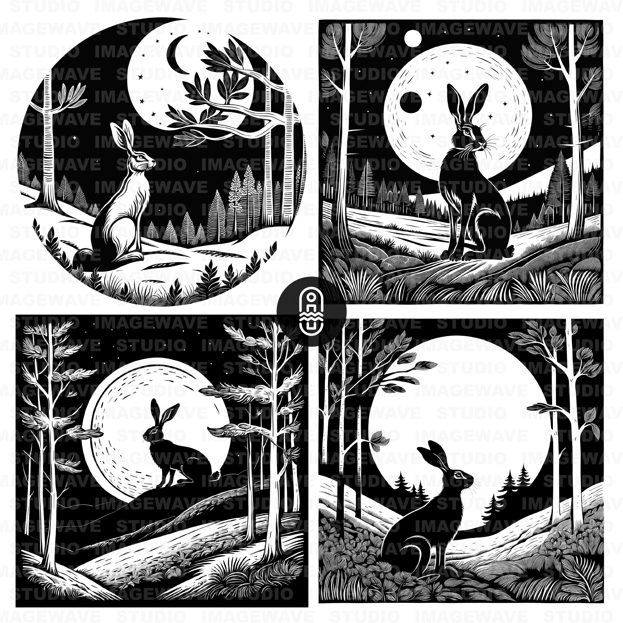Linocut Style Lunar Hare Clipart, 20 Transparent PNG Clip Art, Moon ...