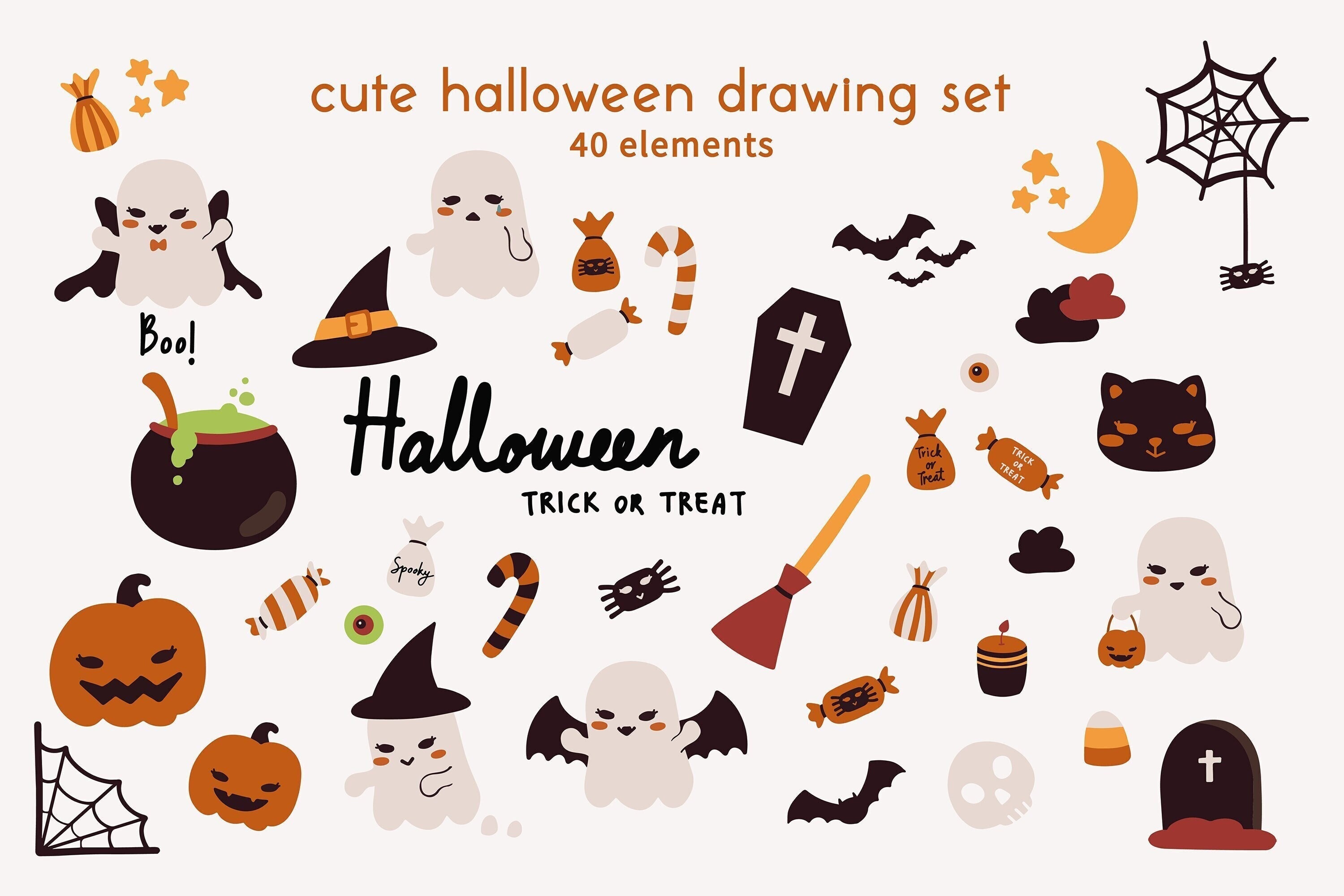 Halloween Digital Clip Art. Flat Doodle-style Hand-drawn Holiday Canva ...