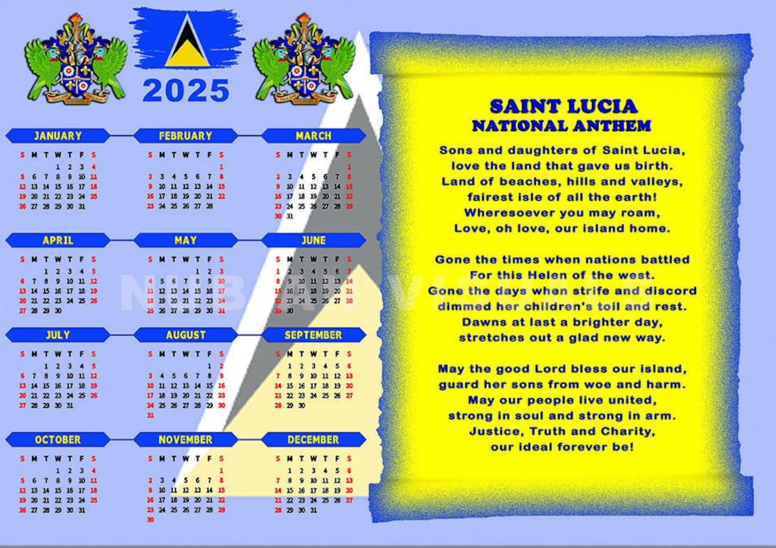 St Lucia National Anthem A3 2024 Calendar - Etsy