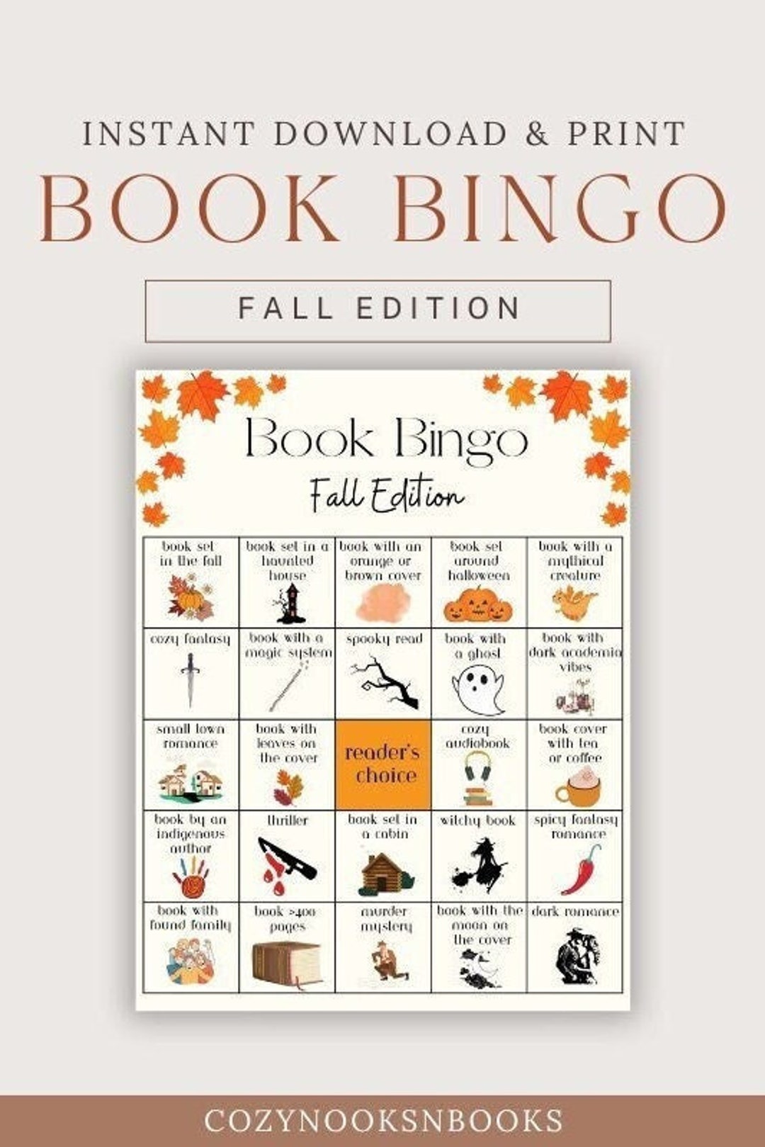Cozy Fall Book Bingo | Printable TBR Reading Challenge | Autumn-themed ...