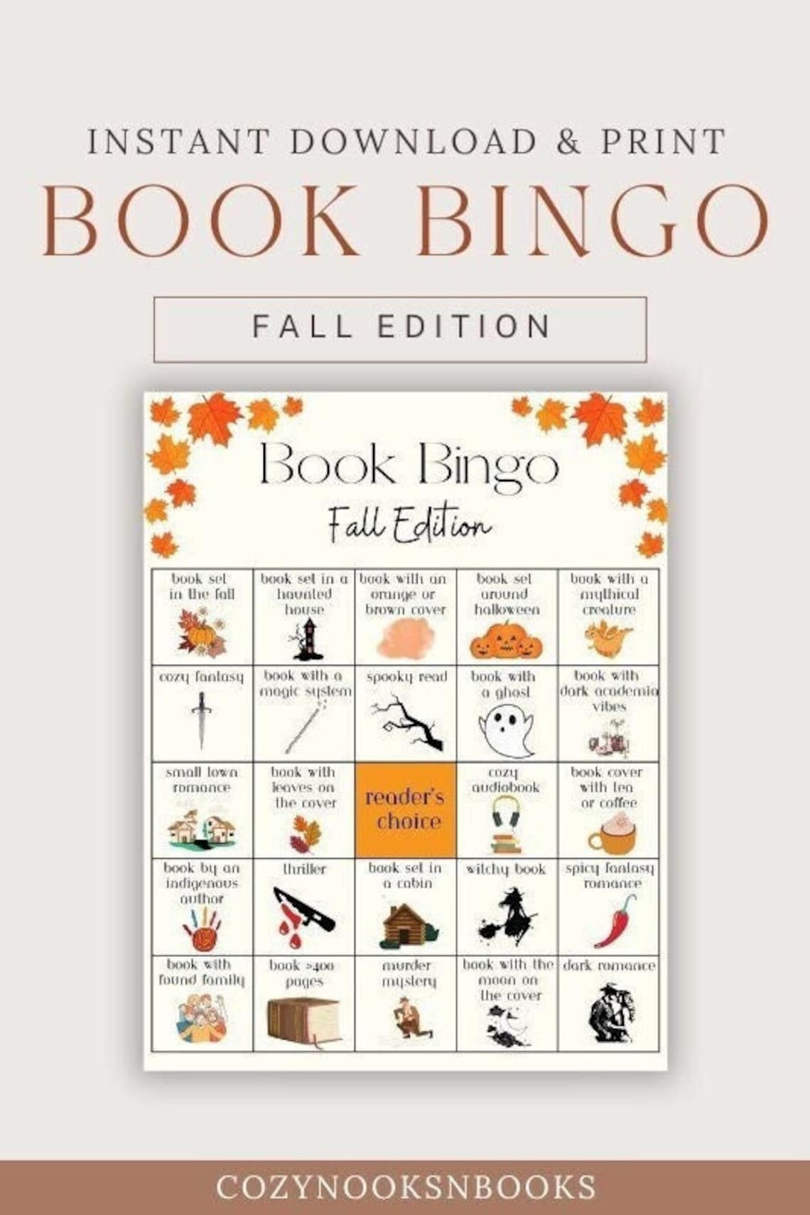 Cozy Fall Book Bingo Printable TBR Reading Challenge Autumn-themed ...