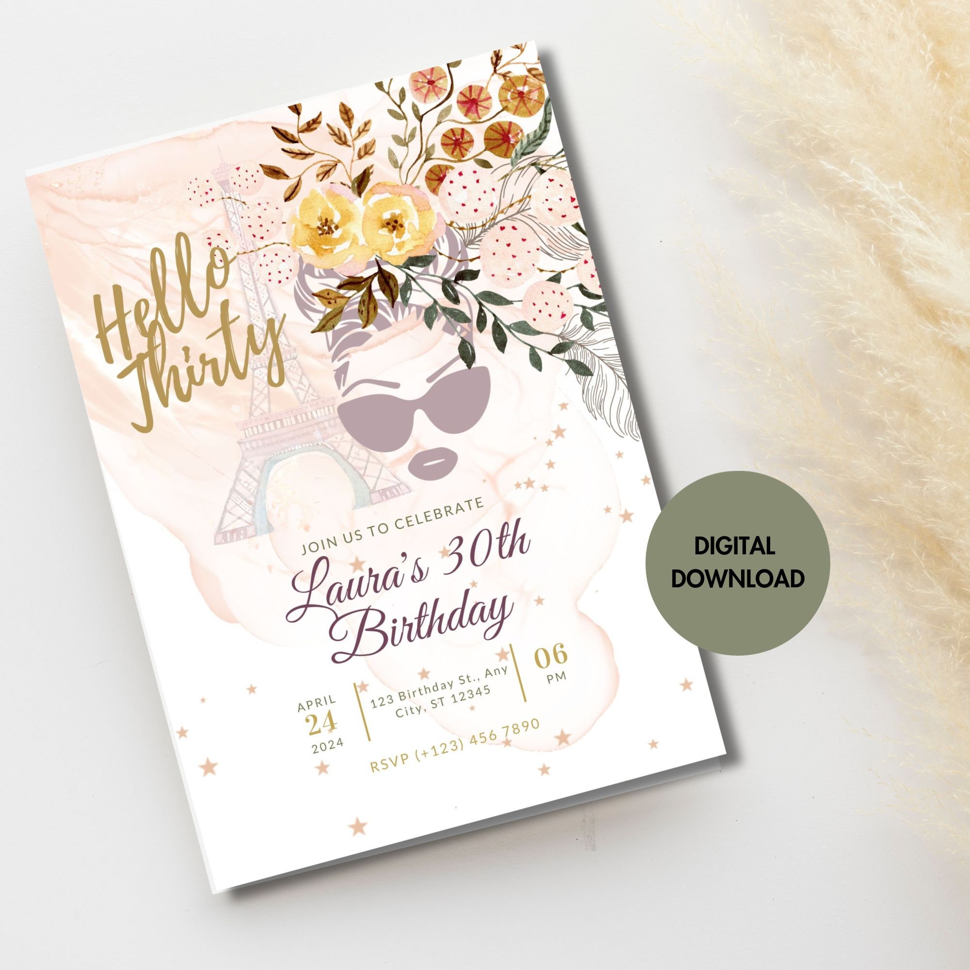 Editable Hello Thirty Birthday Invitation Glamorous Chic Paris 30th ...
