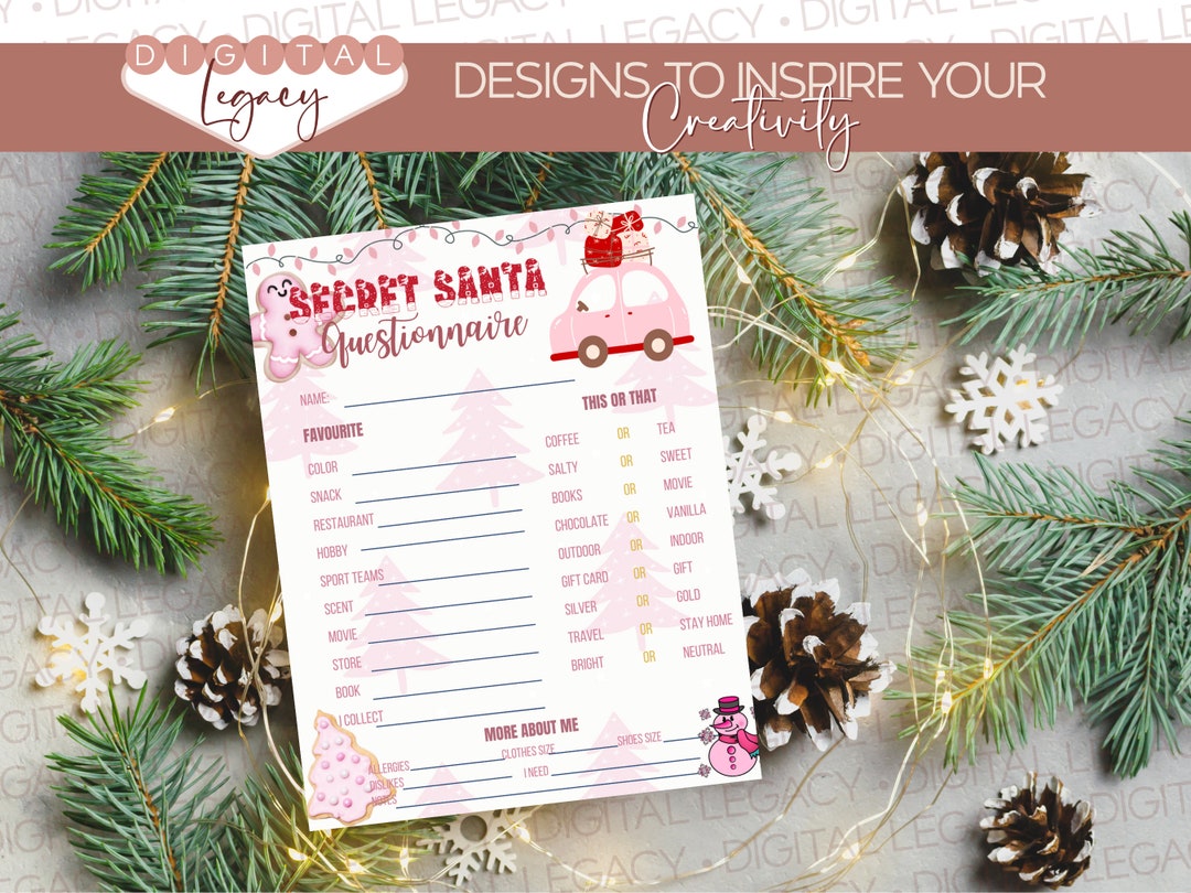 Secret Santa Questionnaire Digital Christmas Holiday Party File Instant ...