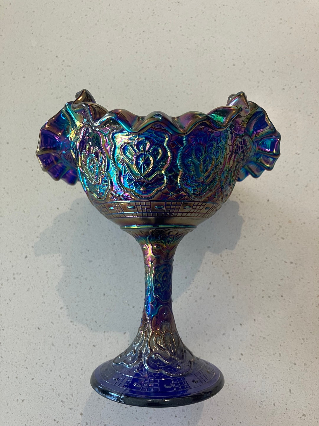 Fenton Persian Medallion Carnival Glass Ruffled Compote- Rare/unique ...