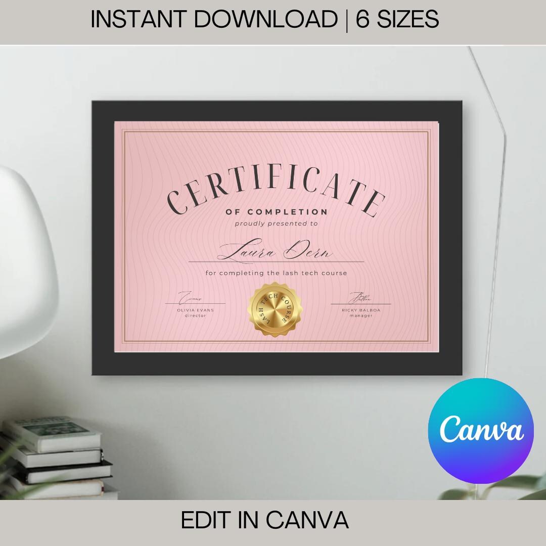 Elegant Completion Certificate Template: Modern Pink Award (editable ...