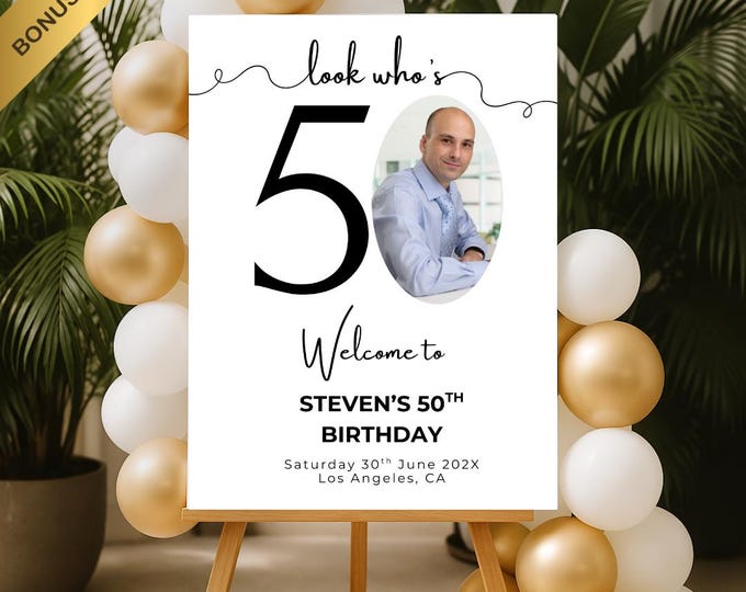 Male 50th Birthday Welcome Sign, Photo Birthday Welcome Template, Look ...