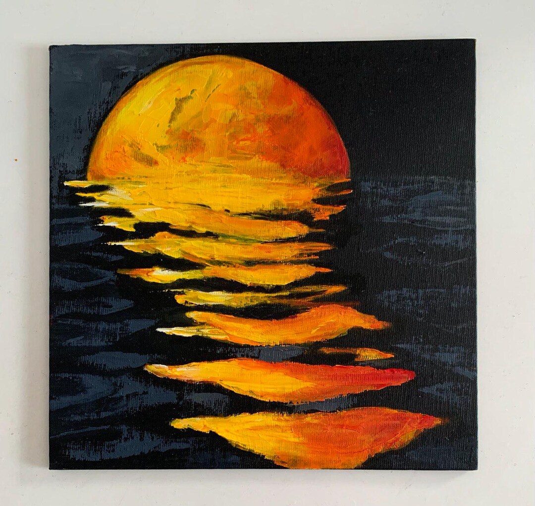 Big Moon Oil Painting Red Moon Wall Art Night Sky Handmade Starry Sky ...