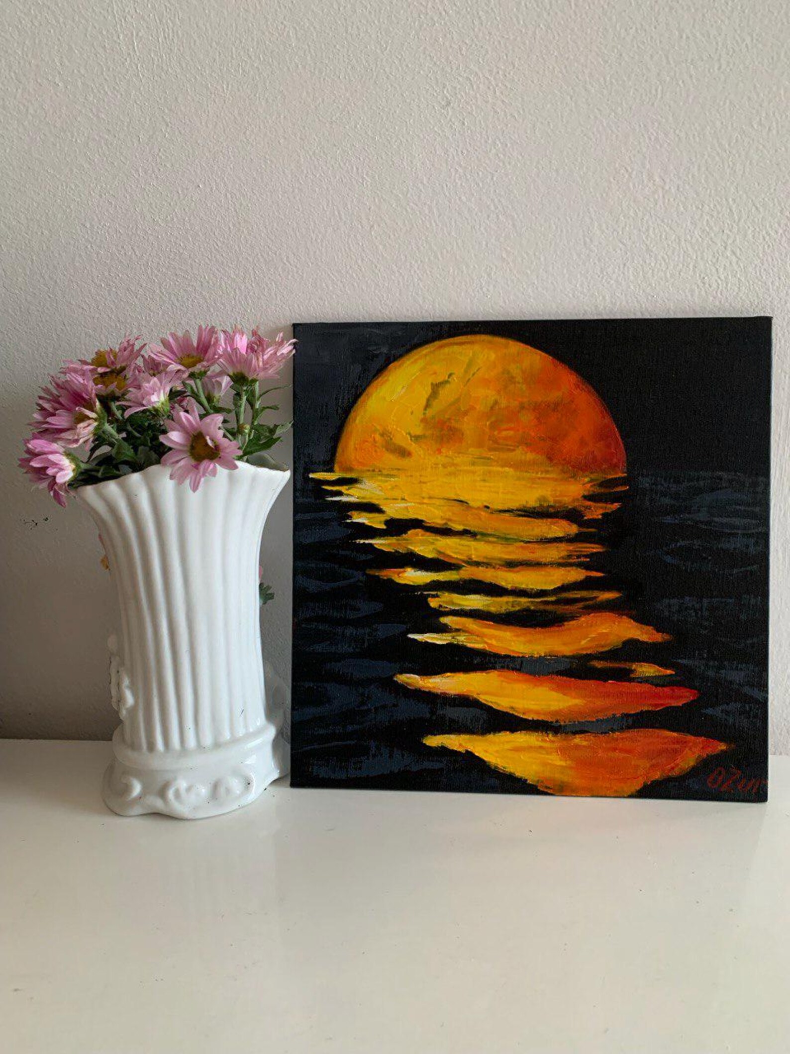 Big Moon Oil Painting Red Moon Wall Art Night Sky Handmade Starry Sky ...