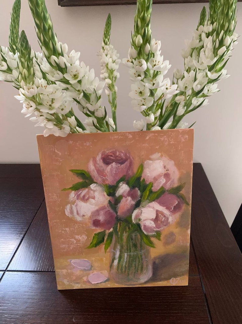 Pink Roses Original Oil Painting Bouquet Flowers Oil Art Poppy Flowers ...