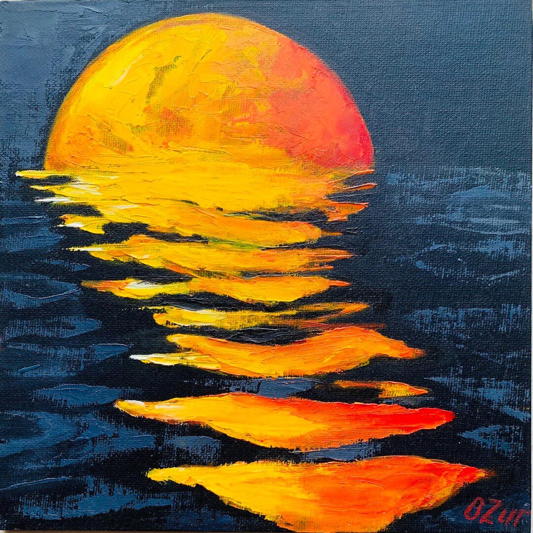 Big Moon Oil Painting Red Moon Wall Art Night Sky Handmade Starry Sky ...