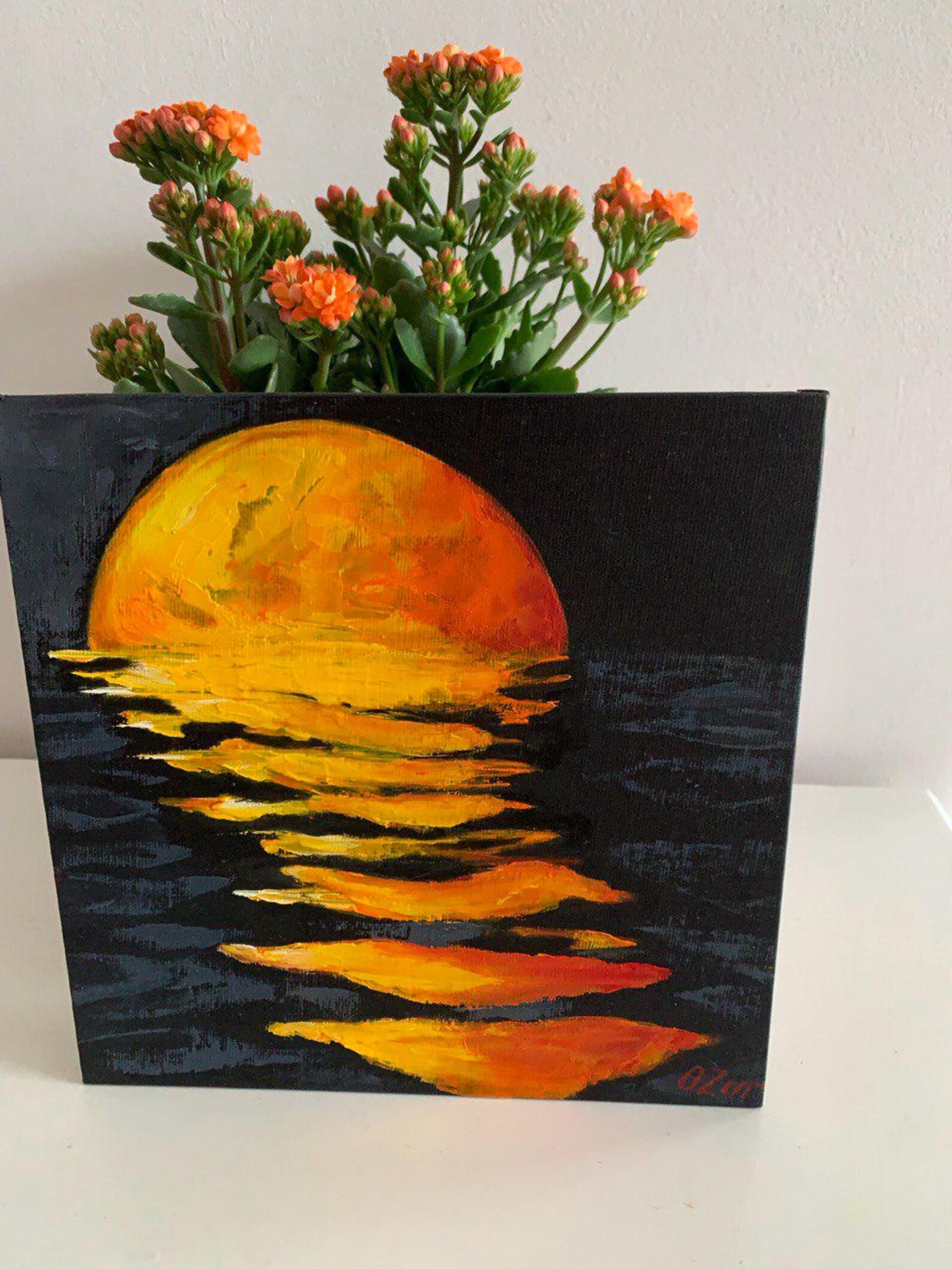 Big Moon Oil Painting Red Moon Wall Art Night Sky Handmade Starry Sky ...
