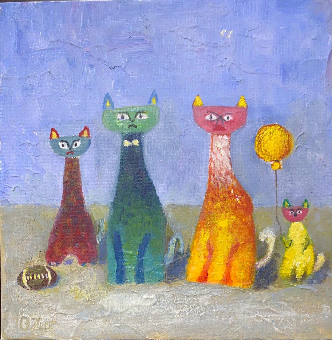 Funny Cats Original Oil Painting Art With Animals Fantasy Cat Family ...